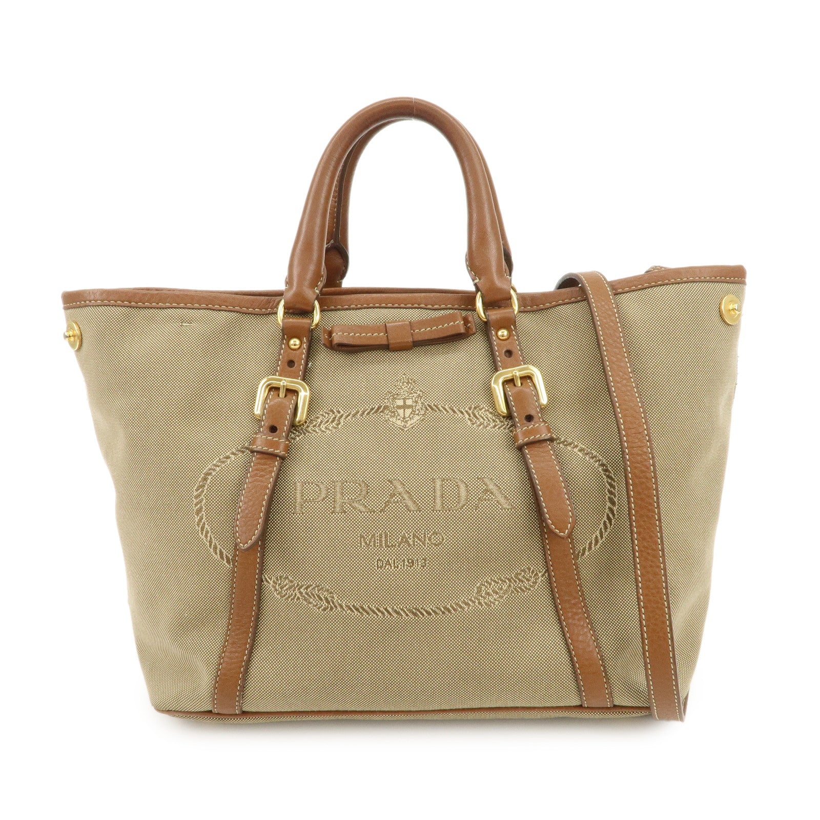PRADA Logo Jacquard Leather Ribbon 2Way Tote Bag Brown BN1841