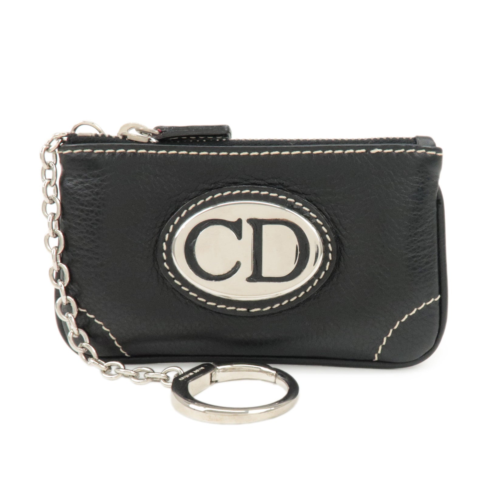 Christian Dior CD Logo Leather Coin Case Key Case Silver HDW Black Use
