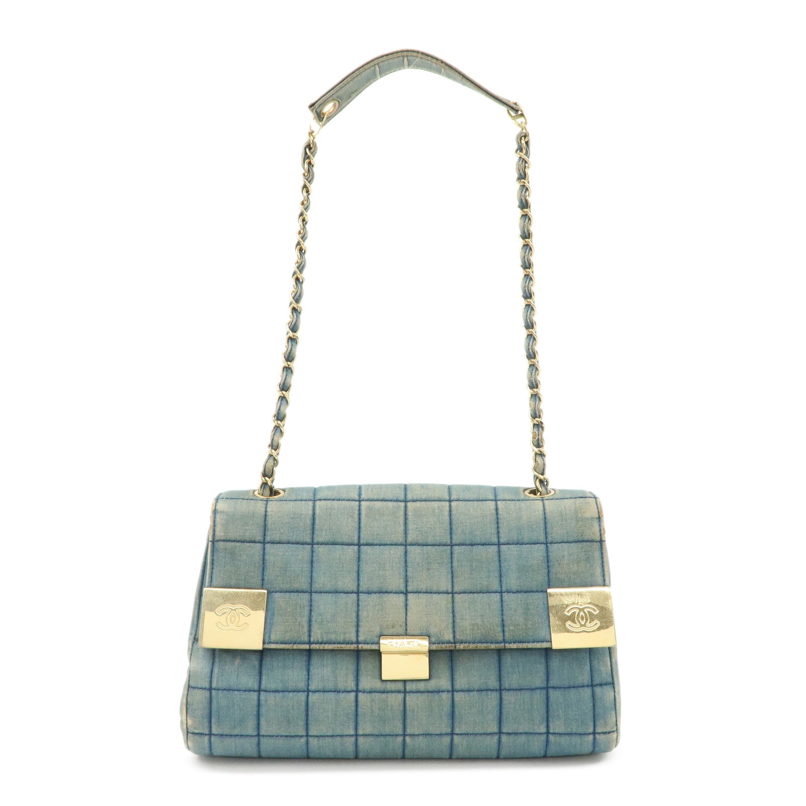 CHANEL COCO Mark Wide Stitch Chocolate Bar Chain Shoulder Bag Blue Gol