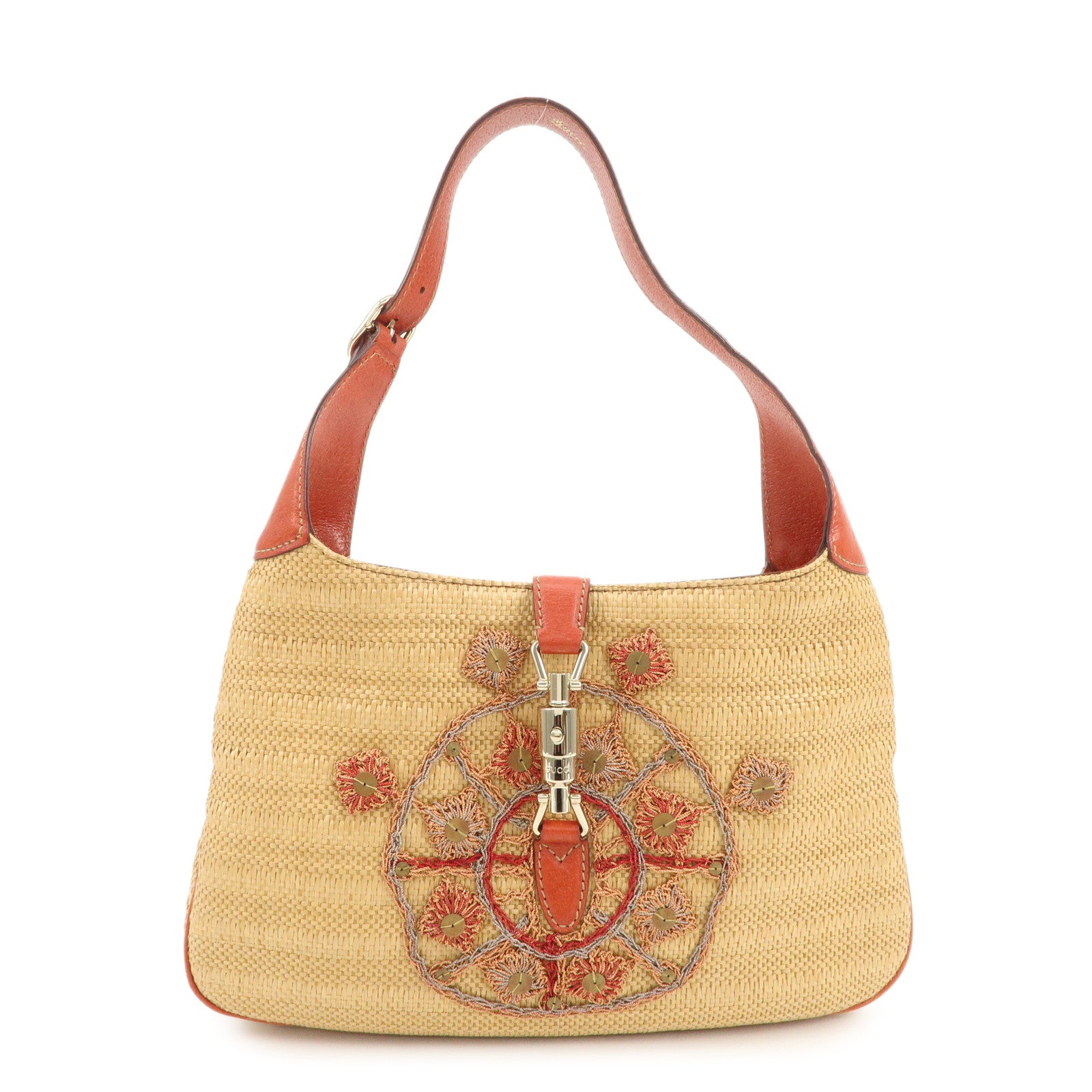 GUCCI New Jackie Raffia Leather Shoulder Bag Natural Orange 140040